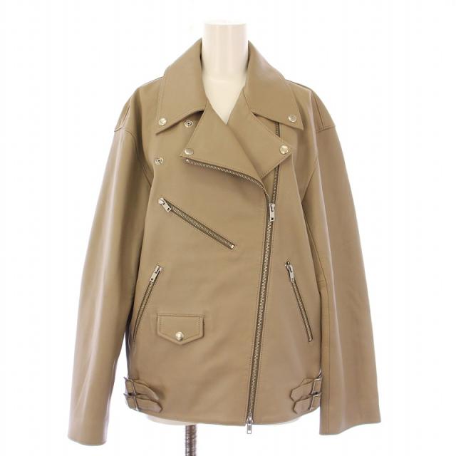 【中古】スピック&スパン レザーライダースジャケット 革ジャン 羊革 アウター ショート丈 ジップアップ グレージュ