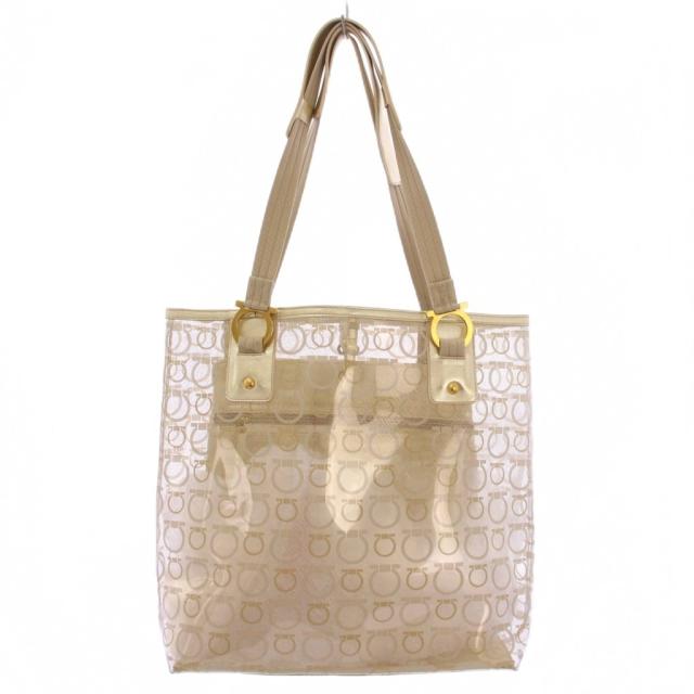 【中古】サルヴァトーレフェラガモ ガンチーニ トートバッグ ハンドバッグ ビニール ロゴ ベージュ ゴールドカラー