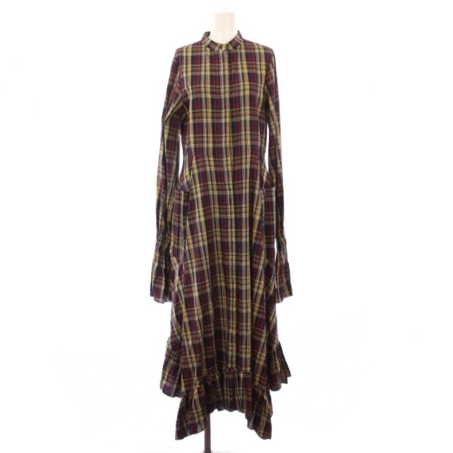 【中古】未使用品 エリン ELIN シャツワンピース フレア マキシ ロング 長袖 バンドカラー チェック柄 マルチカラー