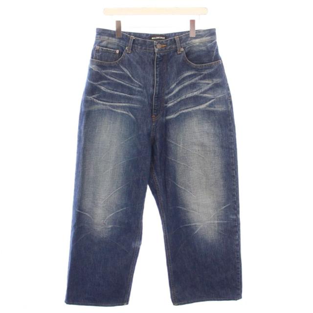 【中古】バレンシアガ BALENCIAGA 19年製 デニムパンツ ジーンズ ジップフライ ワイド USED加工 ロゴ M インディゴ