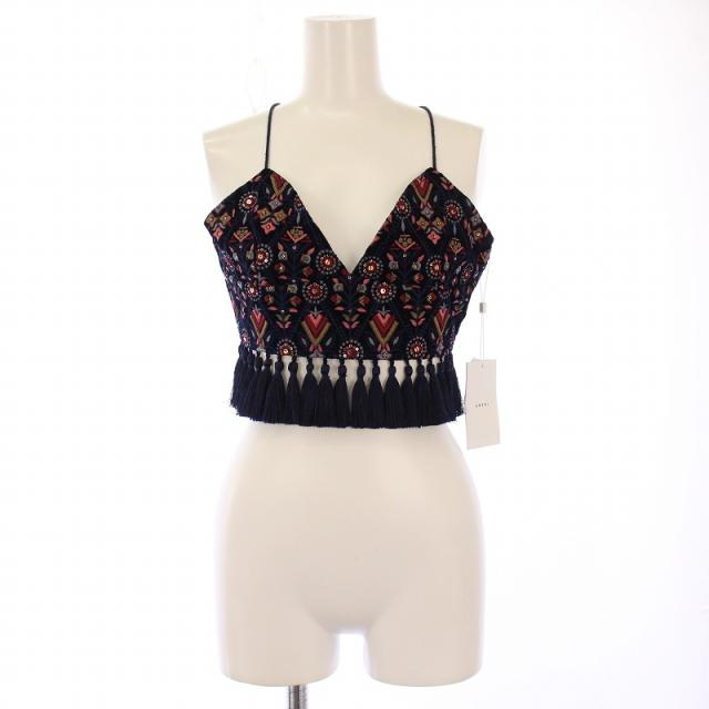 【中古】未使用品 アメリヴィンテージ インドエンブロイダリービスチェ キャミソール ショート丈 タッセル F 紺