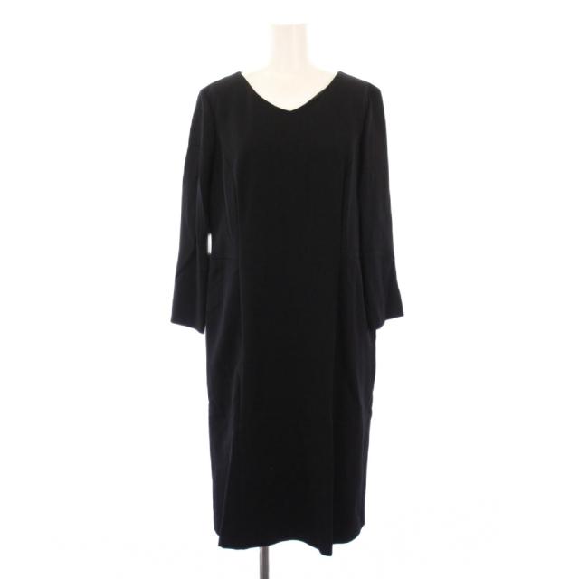 【中古】未使用品 レリアン Leilian ワンピース ひざ丈 長袖 Vネック ストレッチ 無地 ペチコート付き 13 黒