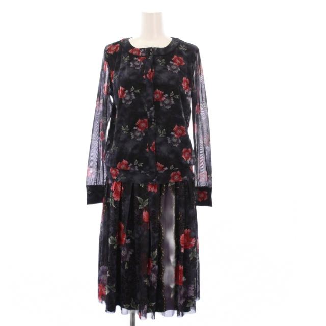 【中古】ヴィヴィアンタム セットアップ ブラウス ノーカラー 長袖 フレアスカート 花柄 パワーネット 1 ネイビー