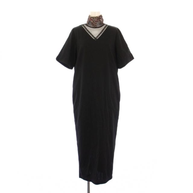 【中古】ロキト LOKITHO タイトワンピース マキシ ロング 半袖 ハイネック レース 切替 ストレッチ 1 黒 ブラック