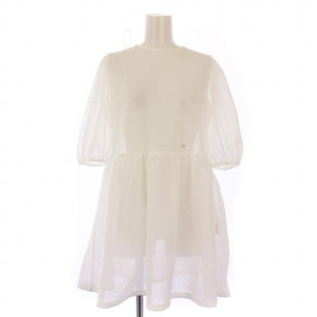 【中古】未使用品 ルネ チュニック サマーニット 五分袖 クルーネック ストレッチ 麻 リネン混 34 白 タグ付き
