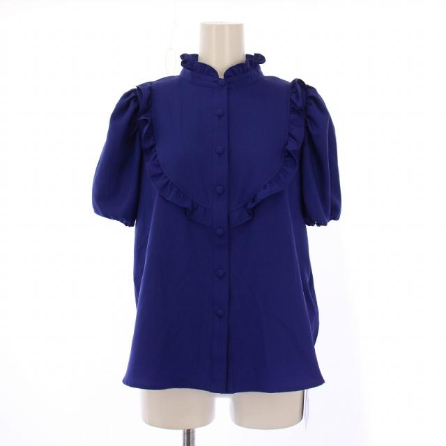 【中古】ルネ Rene シャツ ブラウス 半袖 スタンドカラー フリル ストレッチ 34 青 ブルー /BB レディース