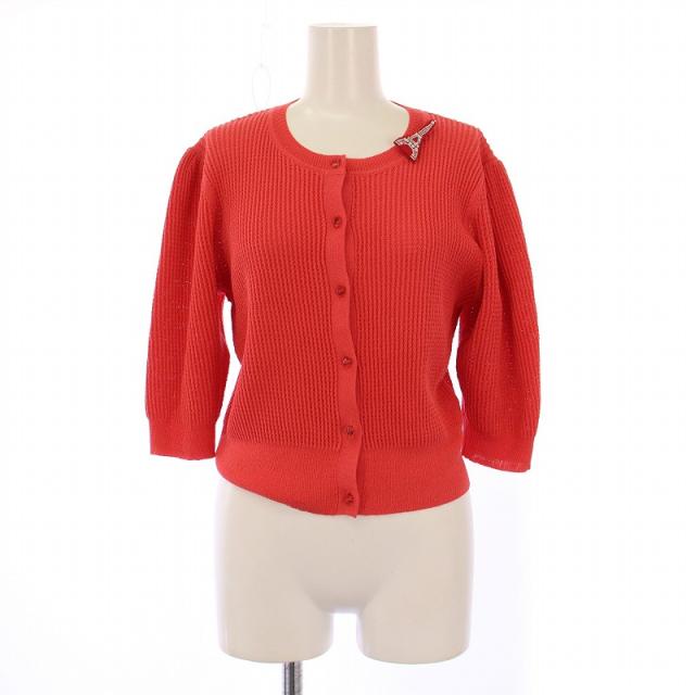 【中古】エムズグレイシー M'S GRACY 24SS ニットカーディガン 五分袖 クルーネック ストレッチ ブローチ 38 赤