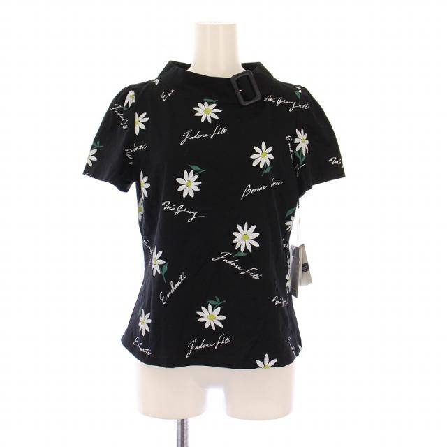 【中古】未使用品 エムズグレイシー M'S GRACY 23SS カットソー 半袖 ボトルネック ベルト マーガレット柄 花柄 黒