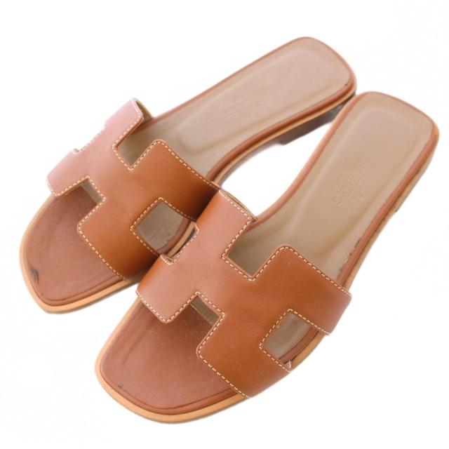 【中古】エルメス HERMES オラン サンダル フラット スクエアトゥ Hロゴ レザー 35 茶 ブラウン 021056Z