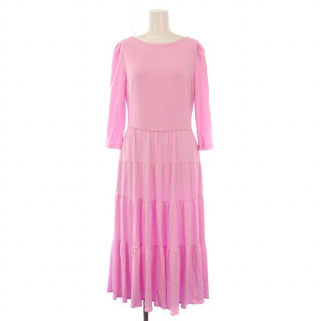 【中古】ボーダーズアットバルコニー フレアワンピース マキシ ロング 長袖 クルーネック 無地 ストレッチ ピンク