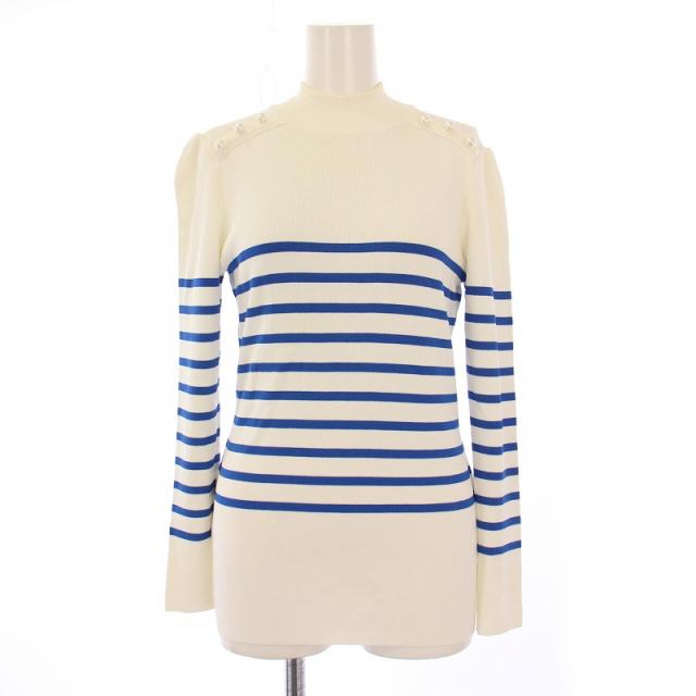 【中古】ボーダーズアットバルコニー ニット 長袖 ハイネック ストレッチ パール 装飾 ボーダー柄 38 白 青