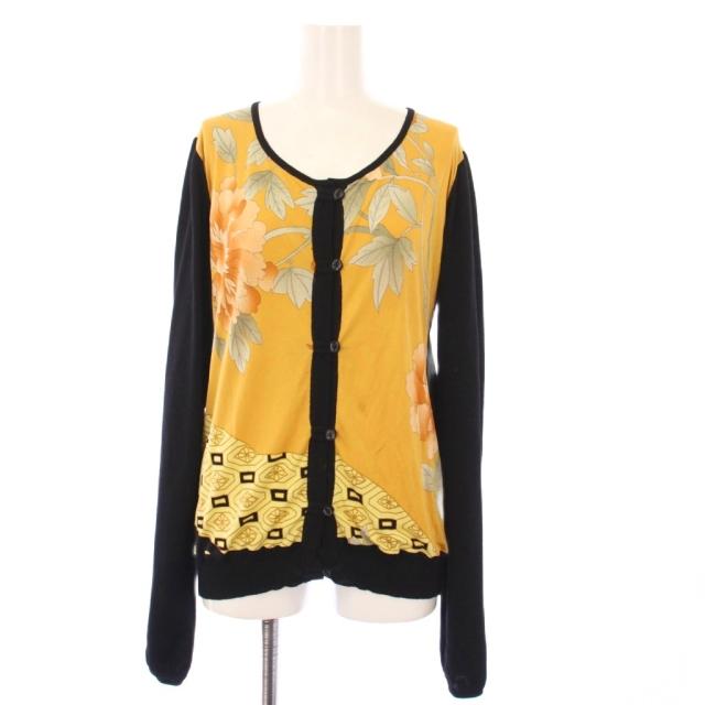 【中古】レオナール LEONARD PARIS ニットカーディガン 長袖 花柄 切替 シルク ウール 40 ブラック /KH レディース
