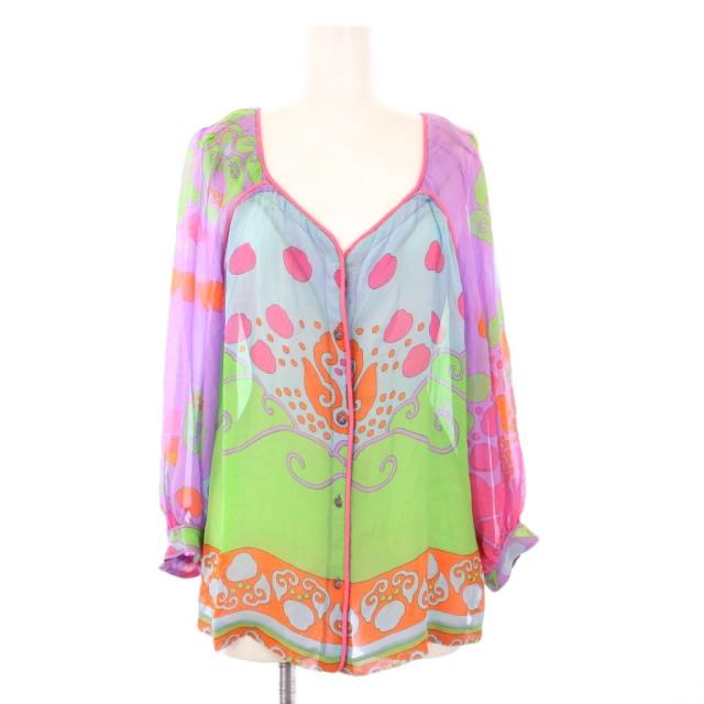 【中古】レオナール LEONARD PARIS ブラウス シャツ ノーカラー 長袖 総柄 シアー シルク 42 マルチカラー