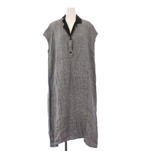 【中古】フォグリネンワーク fog linen work ノースリーブワンピース ロング 千鳥格子 リネン 黒 白 /KH レディース