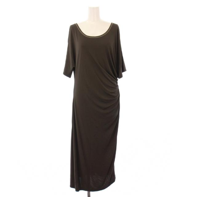 【中古】レオナール LEONARD PARIS ドレープワンピース 半袖 ロング 46 大きいサイズ カーキ /KH レディース