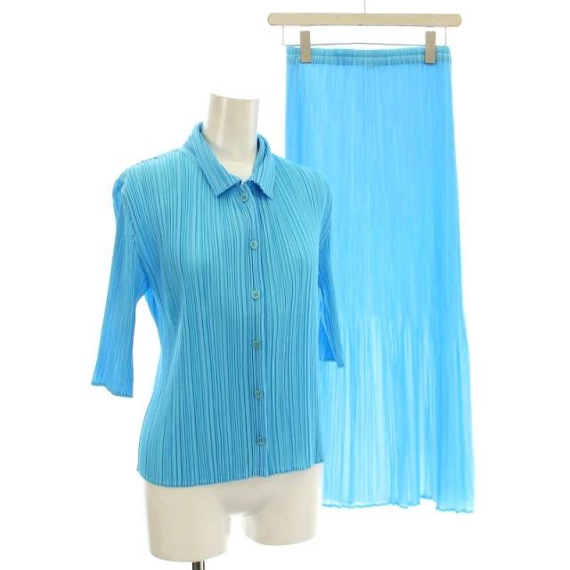 【中古】プリーツプリーズ PLEATS PLEASE イッセイミヤケ プリーツ セットアップ シャツ 半袖 スカート 3 水色