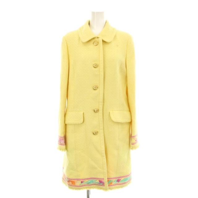 【中古】レオナール  FASHION ツイードコート ステンカラー ロング 花柄裏地 カットオフ 40 黄 イエロー 0358881