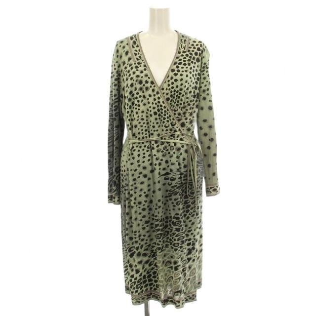 【中古】レオナール LEONARD FASHION ラップワンピース 0320601 レオパード柄 長袖 ひざ丈 LL 緑 グリーン