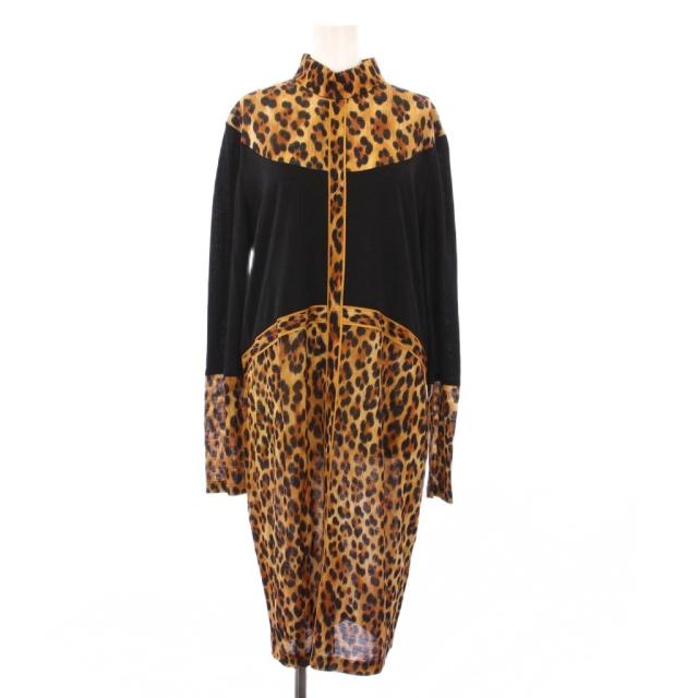 【中古】レオナール LEONARD PARIS ワンピース ひざ丈 長袖 レオパード ヒョウ柄 42 黒 茶 0440885 /KH レディース