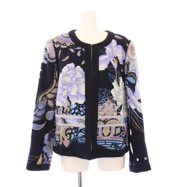 【中古】レオナール LEONARD FASHION ノーカラージャケット アウター 花柄 42 ブラック 0361901 /KH レディース