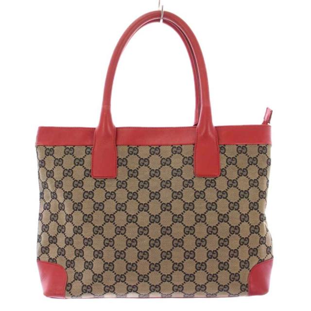 【中古】グッチ トートバッグ ハンドバッグ GGキャンバス レザー インターロッキング ロゴ ベージュ 赤 002.1119