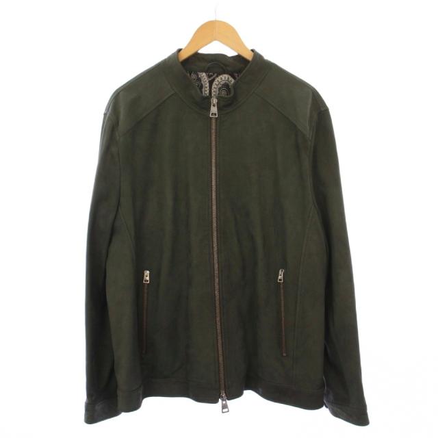 【中古】エトロ ETRO シングルライダースジャケット 革ジャン アウター ラムレザー XXL グリーン 202-1L053-9475