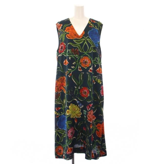 【中古】ポールスミス フレアワンピース ミモレ ロング ノースリーブ Vネック 花柄 44 紺 ネイビー マルチカラー