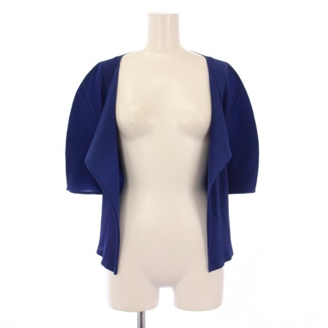 【中古】プリーツプリーズ イッセイミヤケ ノーカラージャケット アウター 前開きトッパー ショート丈 青