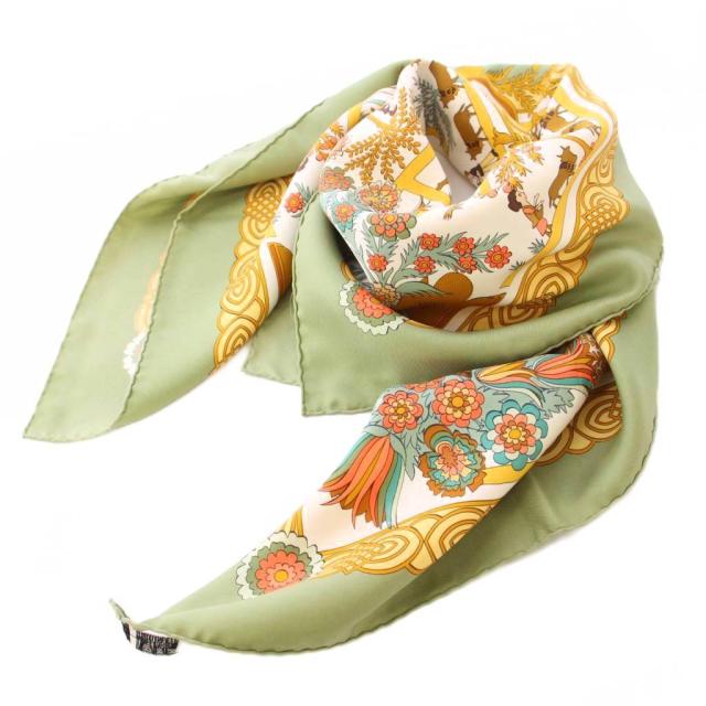 【中古】エルメス HERMES カレ90 Decoupages 切り絵 スカーフ 正方形 シルク 総柄 緑 グリーン マルチカラー