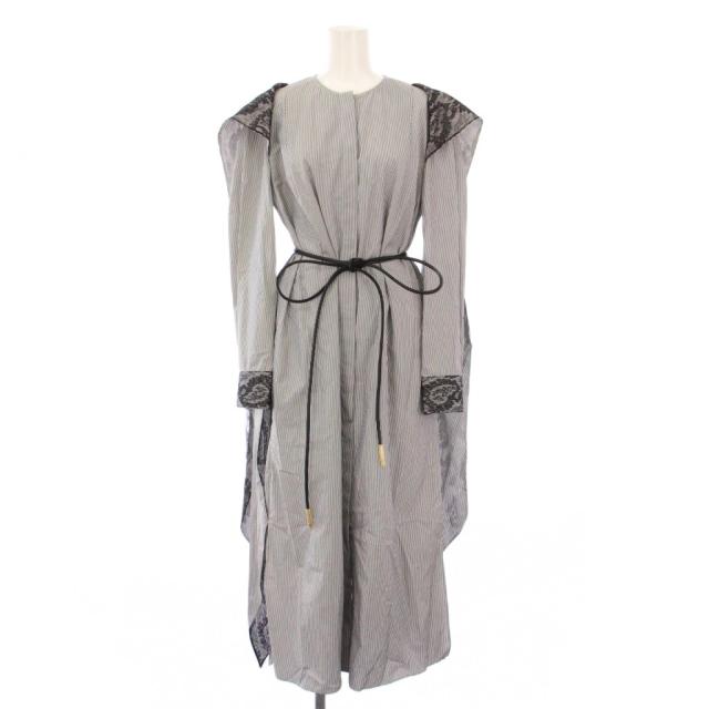 【中古】フェンディ FEDI シャツワンピース マキシ ロング 長袖 レース 花柄 切替 ベルト ストライプ柄 グレー 黒