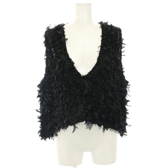 【中古】プラスオトハ PLUS OTO.HA. リボンフリンジベスト Vネック ショート丈 黒 ブラック 603717 /HN レディース