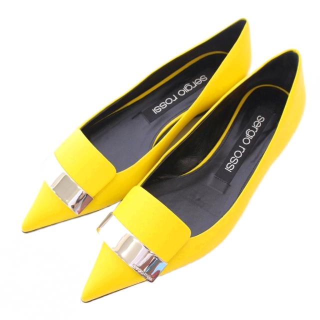 【中古】セルジオロッシ Sergio rossi SR1 フラットパンプス ポインテッドトゥ ローヒール ロゴプレート 黄色