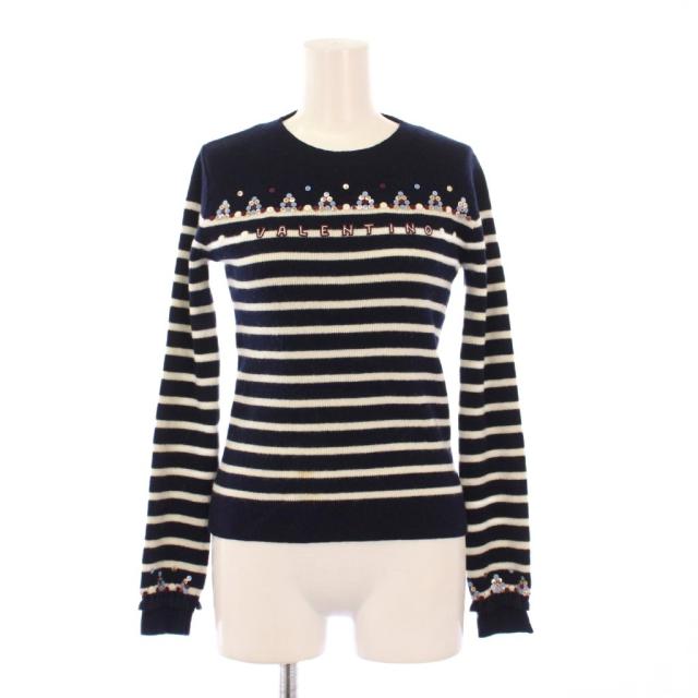 【中古】ヴァレンティノ ヴァレンチノ ニット セーター 長袖 クルーネック ボーダー柄 ロゴ 装飾 ウール XS 紺 白