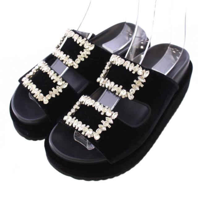 【中古】ツル バイ マリコオイカワ TSURU by Mariko Oikawa ビジューサンダル 厚底 ベロア ラインストーン 装飾 黒