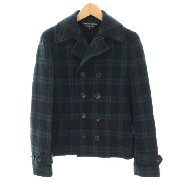 【中古】コムデギャルソンオムプリュス AD2008 ピーコート Pコート ショート丈 チェック柄 SS 緑 紺 PB-C011 メンズ