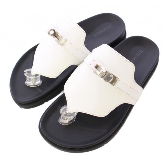 【中古】エルメス HERMES アンピール ケリー トングサンダル フラット レザー バイカラー 35 黒 ブラック 白