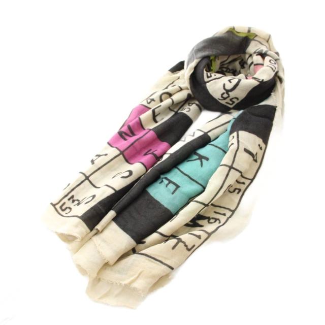 【中古】ファリエロサルティ ストール マフラー フリンジ クロスワード柄 総柄 カシミヤ混 ベージュ 黒 レディース