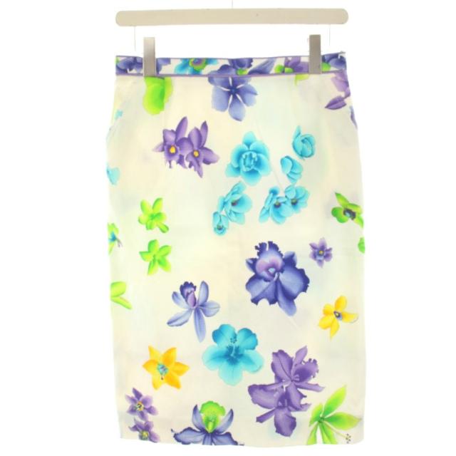 【中古】レオナール LEONARD fashion タイトスカート ひざ丈 花柄 プリント 73-97 白 ホワイト 0392201 /HN