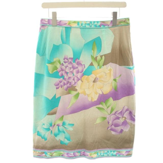 【中古】未使用品 レオナール fashion タイトスカート ひざ丈 花柄 プリント 76 水色 ライトブルー ベージュ 紫