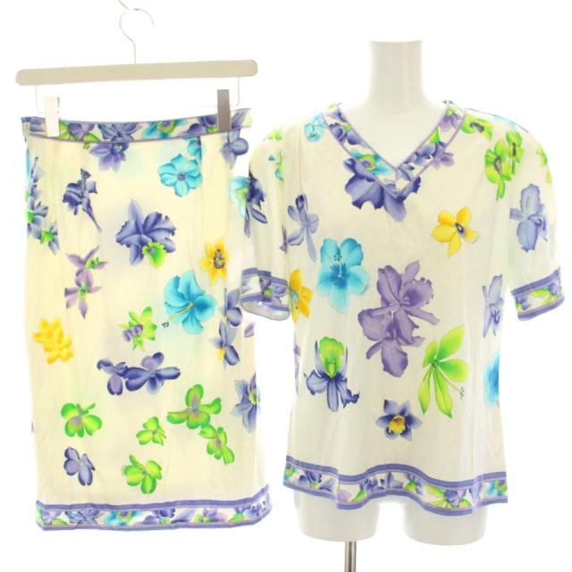 【中古】レオナール fashion セットアップ 上下 カットソー Tシャツ 半袖 Vネック タイトスカート ひざ丈 花柄