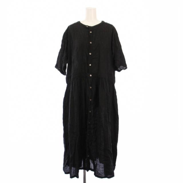 【中古】ネストローブ nest Robe フレアワンピース ミモレ ロング 半袖 バンドカラー 無地 麻 リネン F 黒 ブラック