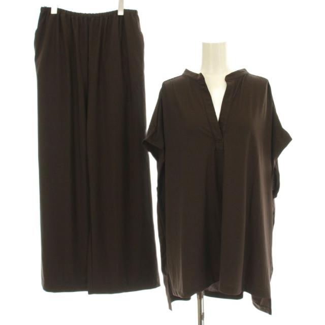【中古】スローブ イエナ 25AW カットジョーゼット セットアップ カットソー フレンチスリーブ ワイドパンツ 38 茶