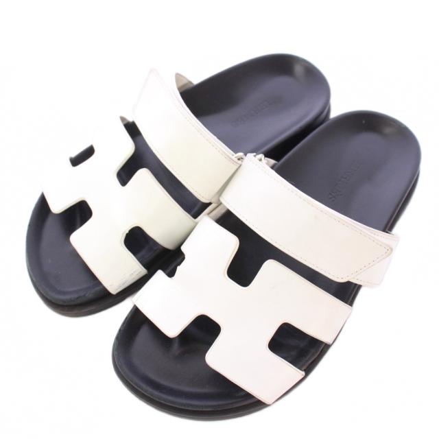 【中古】エルメス HERMES シプレ サンダル ベルト Hモチーフ ロゴ バイカラー 36 白 ホワイト 黒 ブラック