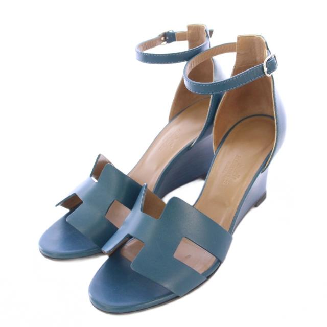 【中古】エルメス HERMES レジェンド ストラップサンダル アンクル ラウンドトゥ ウェッジソール レザー Hロゴ 青