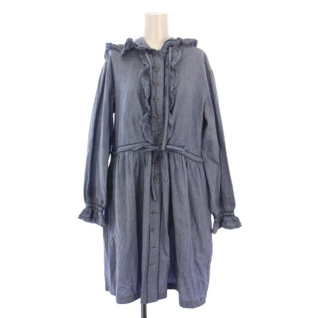 【中古】ピンクハウス PINK HOUSE シャツワンピース フレア ひざ丈 長袖 フード フリル F 青 ブルー /BB レディース
