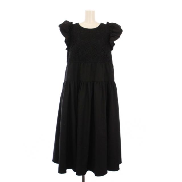 【中古】アンミヌ UNMINOU ハンドクロシェワンピース フレア ミモレ ロング 半袖 バルーンスリーブ レース 刺繍 黒