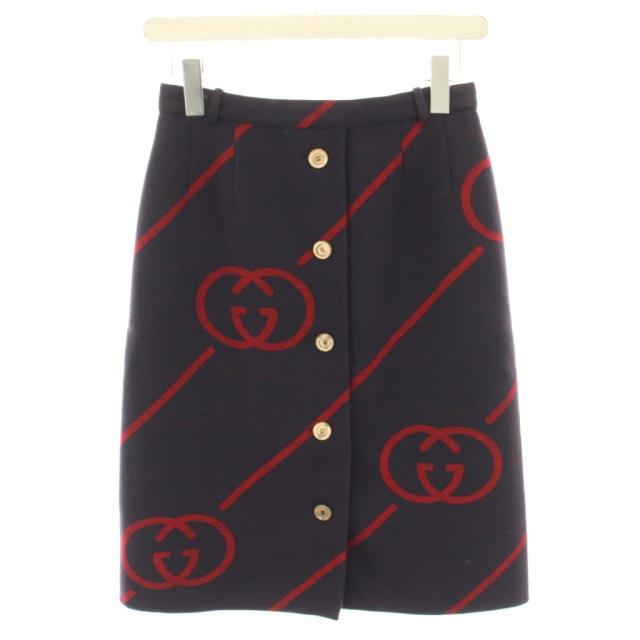 【中古】グッチ GUCCI インターロッキングGスカート ひざ丈 タイト 台形 ウール 絹 38 紫 赤 577752 レディース