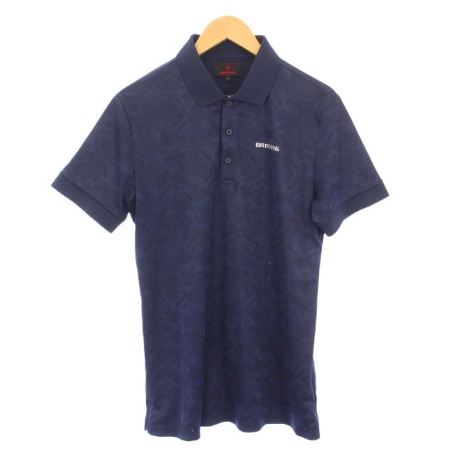 【中古】ブリーフィング ゴルフウェア ポロシャツ 半袖 レギュラーカラー ハーフボタン ストレッチ 迷彩柄 紺