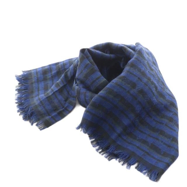 【中古】ルイヴィトン LOUIS VUITTON モノグラム ストール フリンジ チェック柄 ロゴ ウール シルク 絹 青