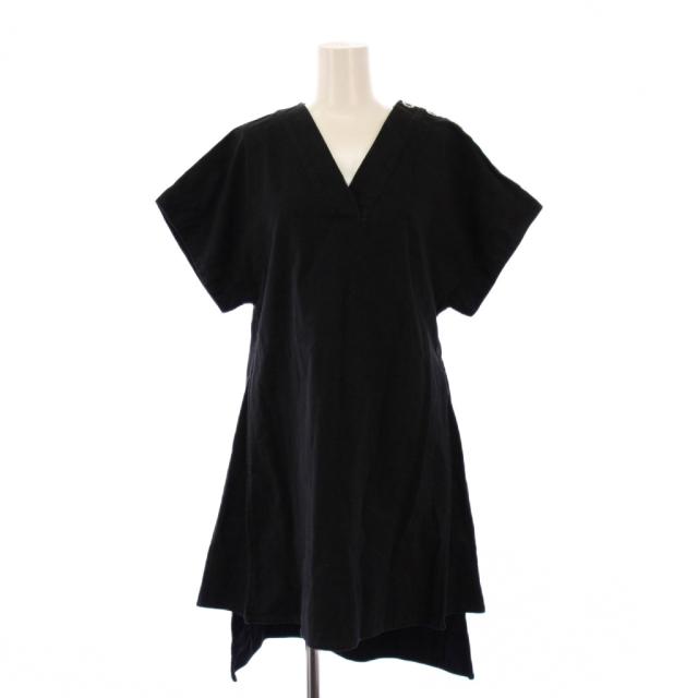 【中古】ジルサンダー JIL SANDER フレアワンピース ひざ丈 半袖 フレンチスリーブ Vネック ワンカラー XS 黒